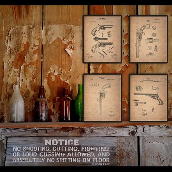 Art | Vintage Old West Revolver Firearm Patent Art Wall Decor Set Of 4 ...
